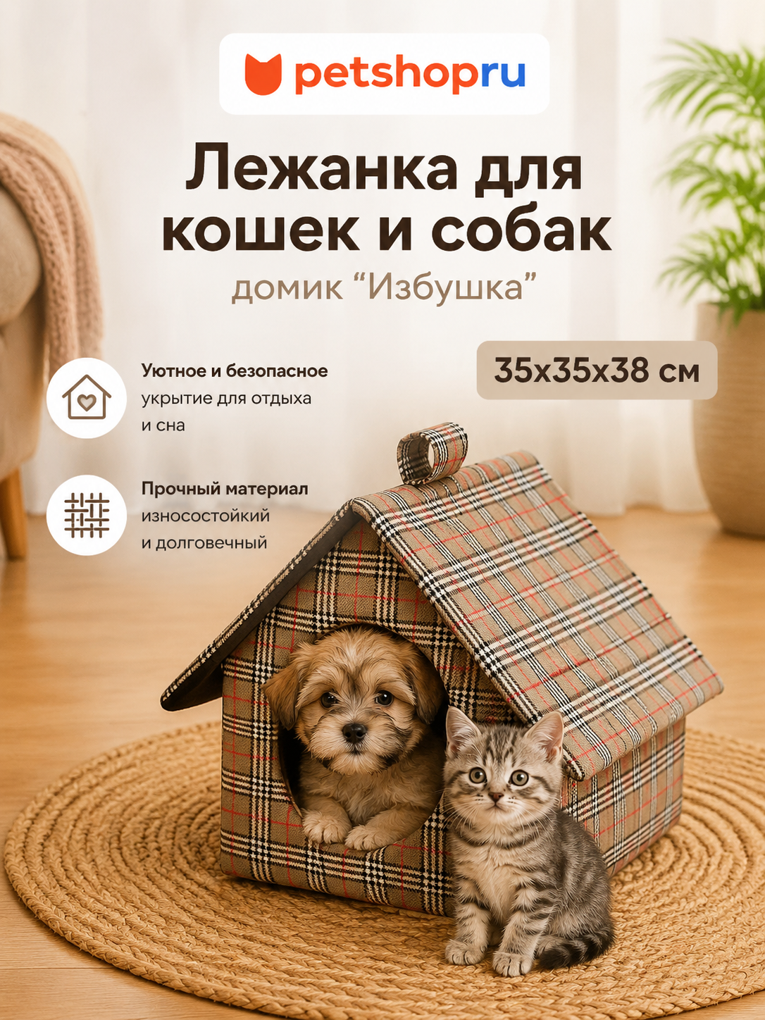 PETSHOP Домик лежак Избушка для кошек и собак, клетчатый 35х35х38 см