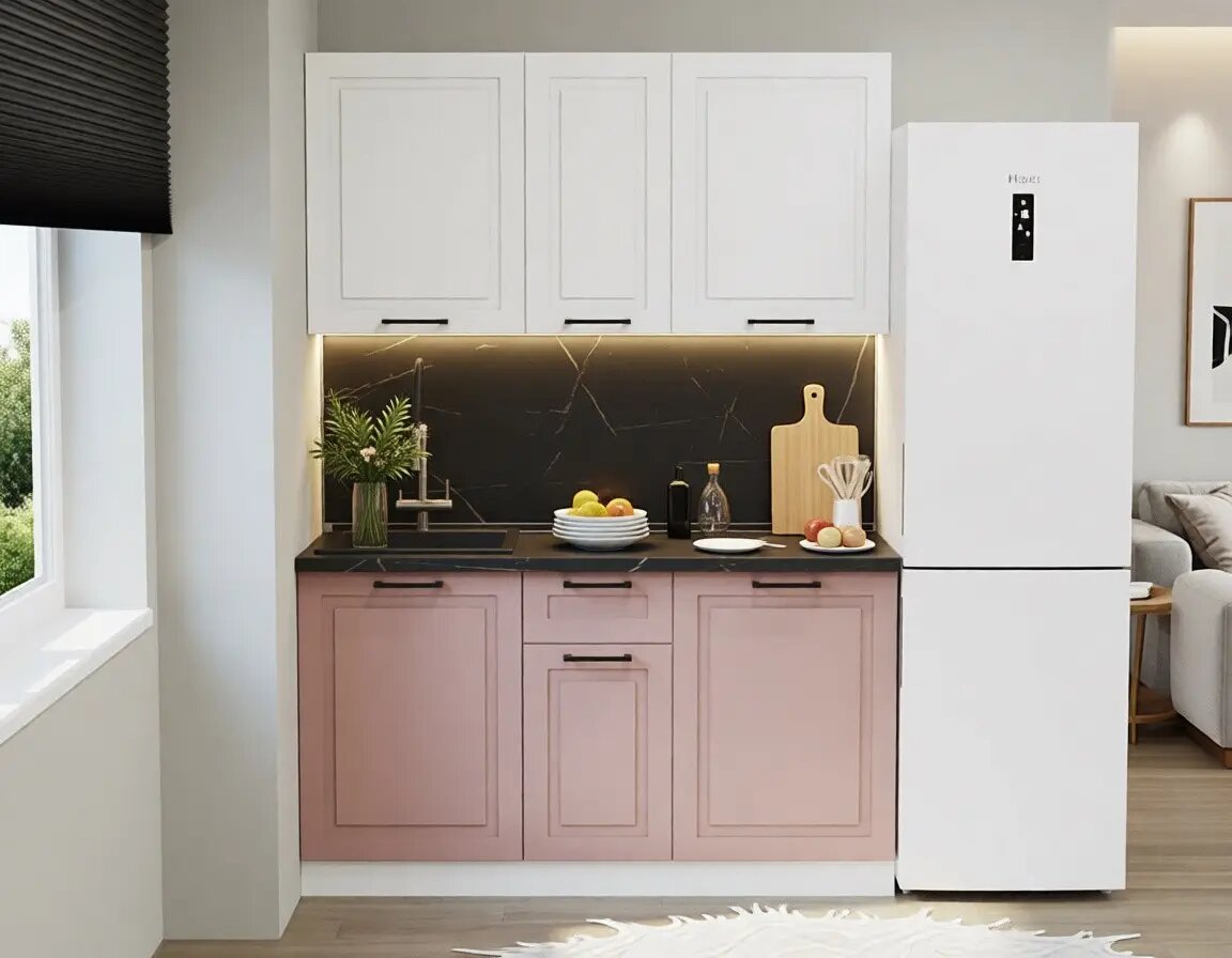 Кухонный гарнитур Аликанте, 160 см (арт.13), шарли белый/шарли pink