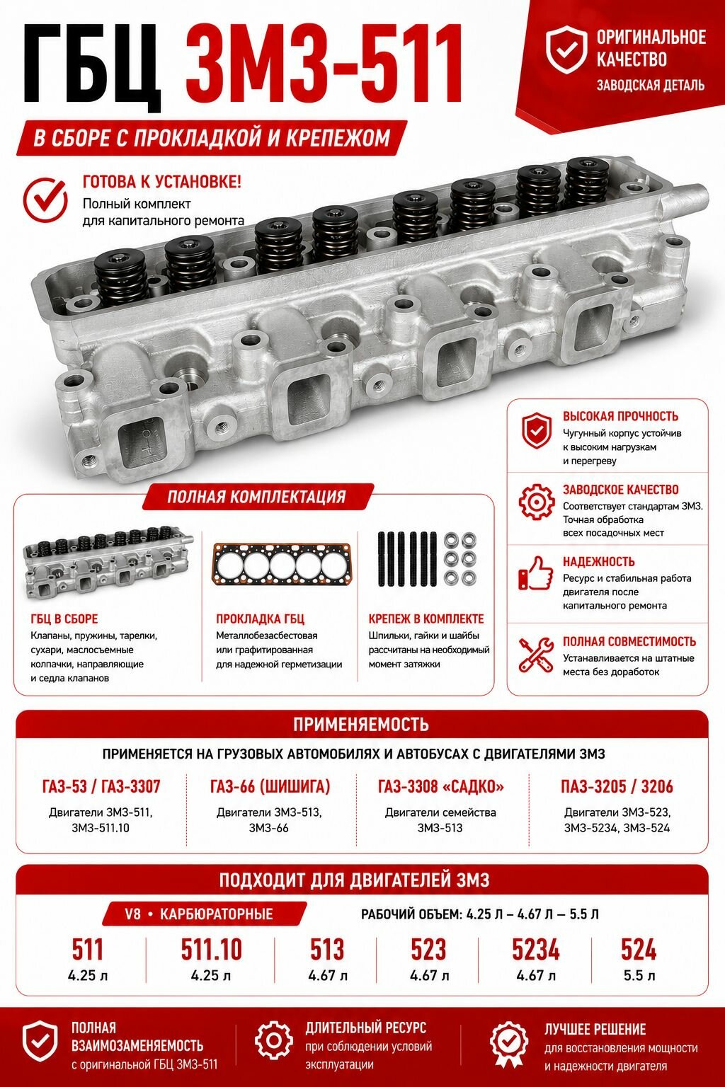 Головка блока цилиндров для а/м ГАЗ-53, 3307, 66, ПАЗ двс змз-511, 513, 523 с прокладкой и крепежом в сборе. гбц