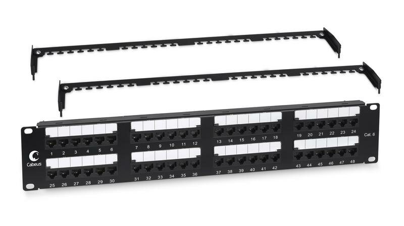 Патч-панель 19дюйм 2U 48 портов RJ45 кат.6 Dual IDC с задн. кабельн. организатором Cabeus 10657c