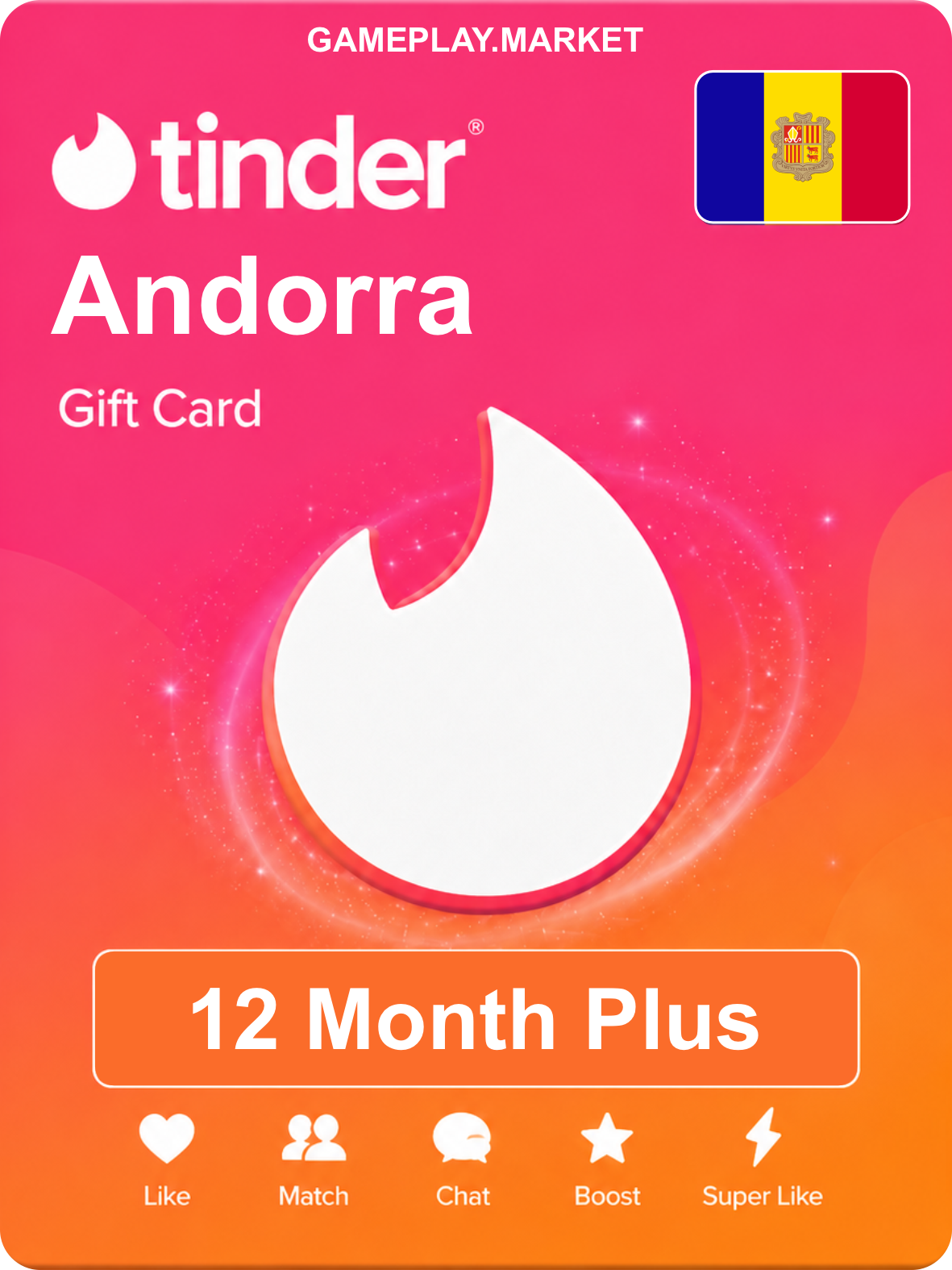 Подарочная карта Tinder Plus 12 месяцев подписки / Для аккаунта Андорры / Оригинальный цифровой код