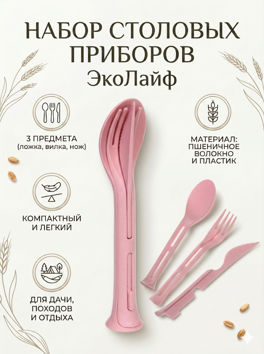 Набор столовых приборов «ЭкоЛайф» 3 предмета, розовый, складной, из пластика