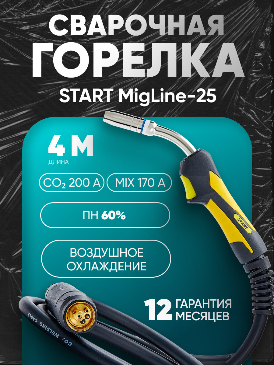 Горелка для полуавтомата MigLine-25 (4м) START, MIG/MAG, евроадаптер, воздушное охлаждение, длина 4м