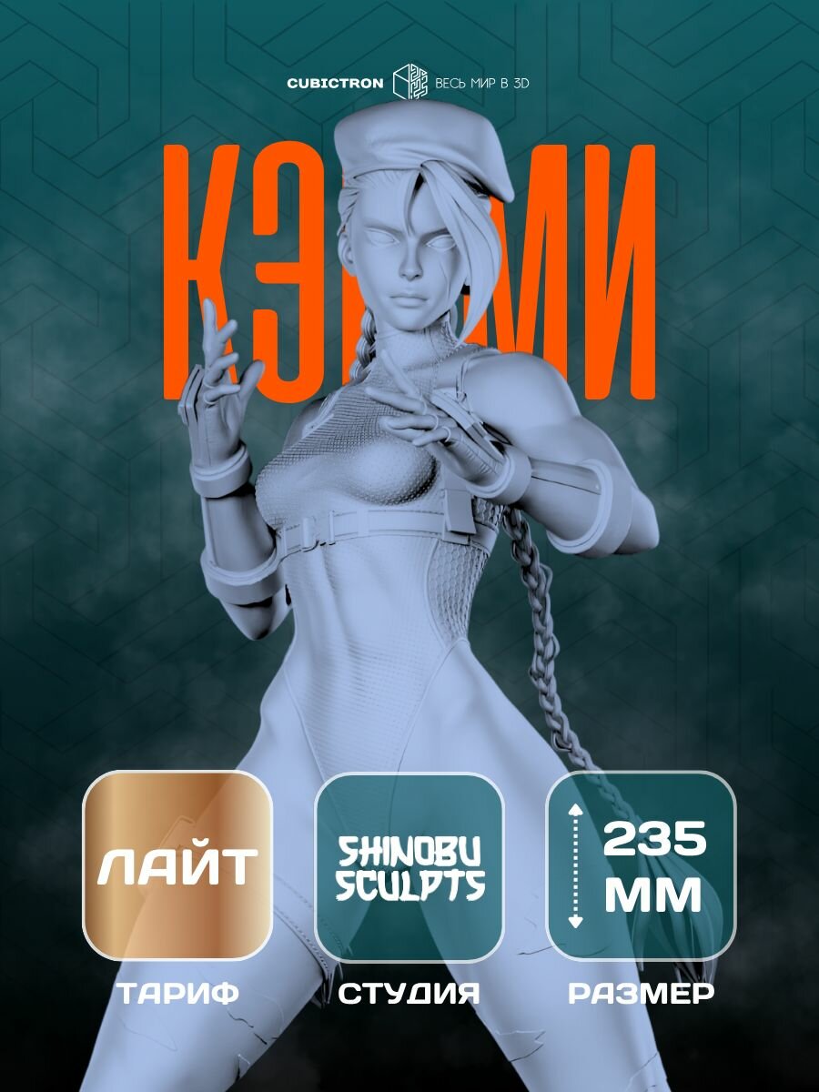 3D-фигурка "Cammy (Кэмми)" из видеоигры Street Fighter, серая, лёгкая обработка, 250 мм, фан-арт