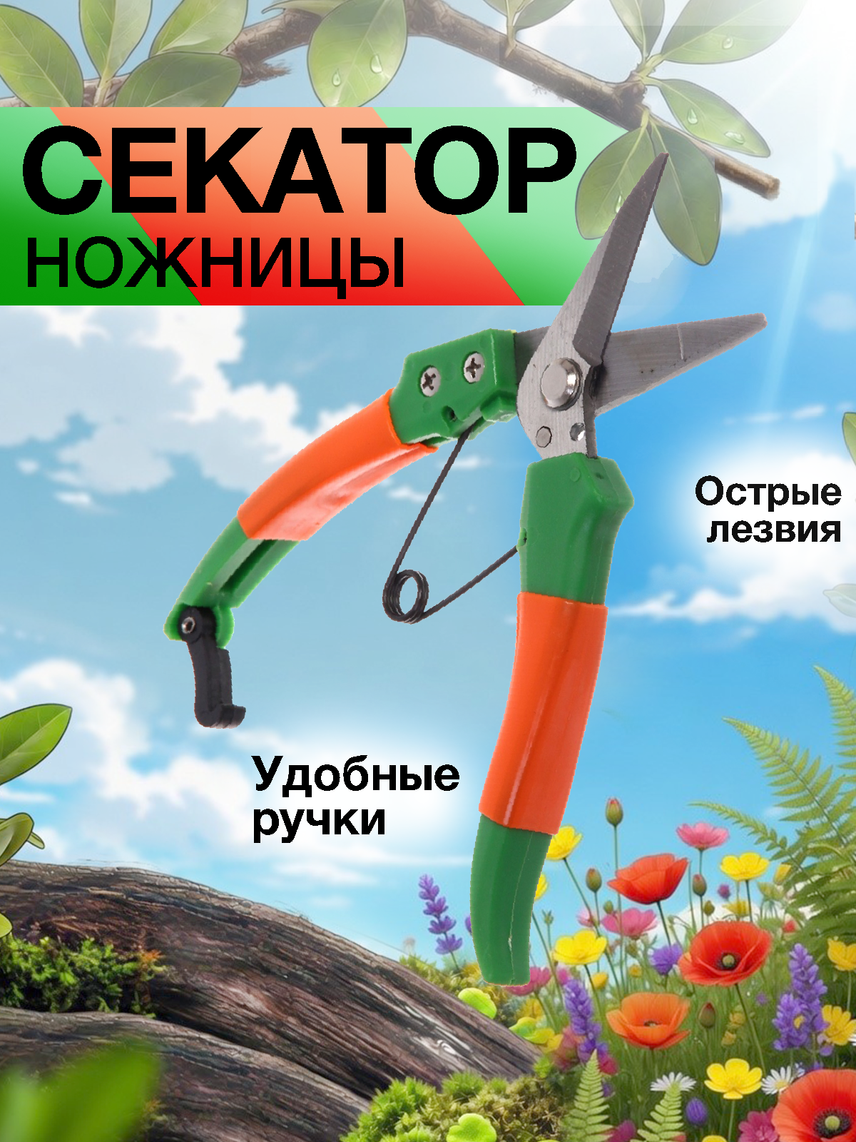Секатор-ножницы садовые 8" (20см) "Росток" пластиковые комбинированные ручки ДоброСад
