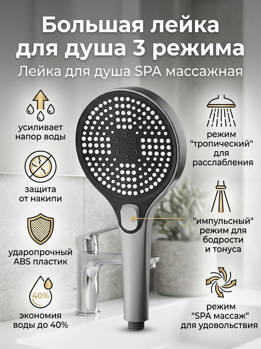 Лейка для душа, душевая лейка, 3 режима, с кнопкой