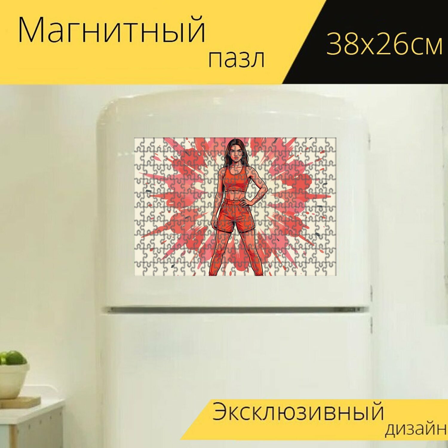 Магнитный пазл "Спортивная девушка в динамичном стиле. Стильная иллюстрация с атлетичной брюнеткой в ярком оранжевом комплекте, на фоне мощного." для интерьера, 38х26 см.
