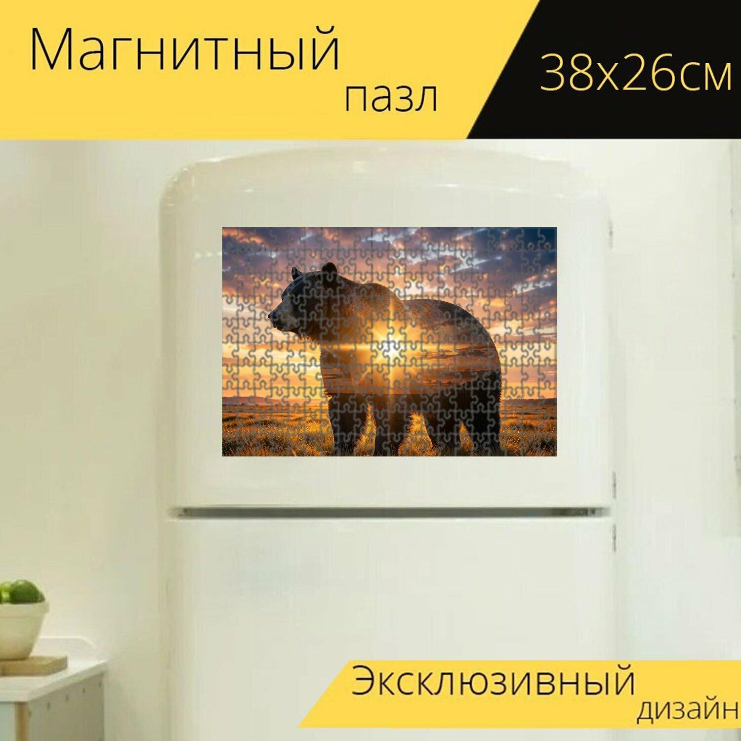 Магнитный пазл "Медведь в золотом поле. Крупный бурый хищник на фоне вечернего неба среди высокой травы, теплые оранжево-синие оттенки, яркий солнечный." для интерьера, 38х26 см.