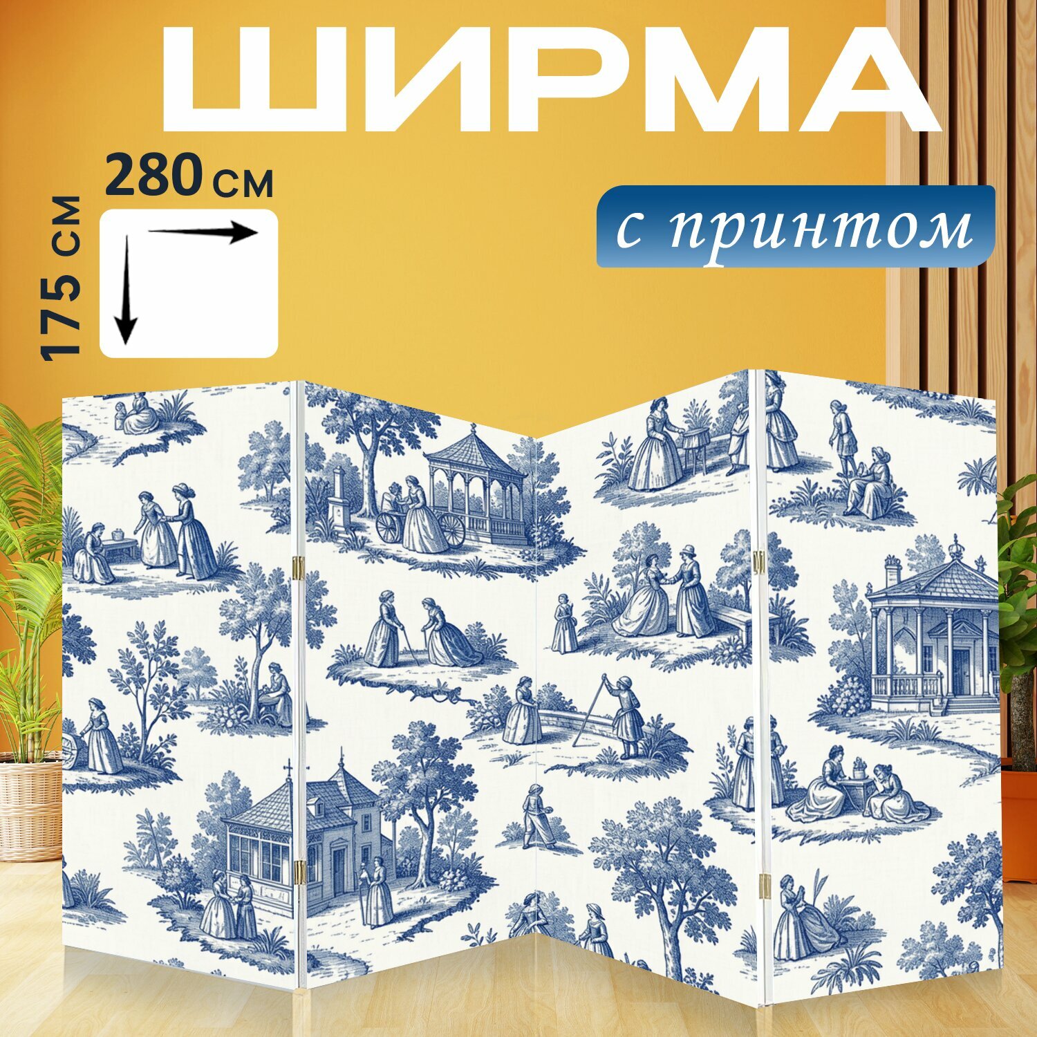 Ширма "Садовые сцены с дамами. Винтажная пасторальная иллюстрация в сине-белой гамме: прогулки аристократов." перегородка для зонирования комнаты с принтом 280x175 см. на холсте