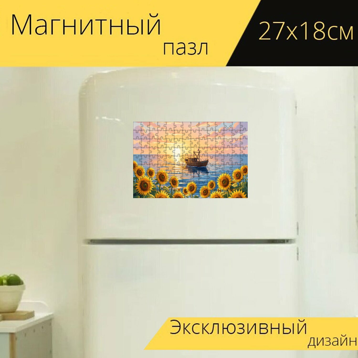 Магнитный пазл "Закат у моря с подсолнухами. Живописный морской пейзаж в мягких пастельных тонах: лучистое солнце, спокойная гладь воды, одинокая." на холодильник 27 x 18 см.