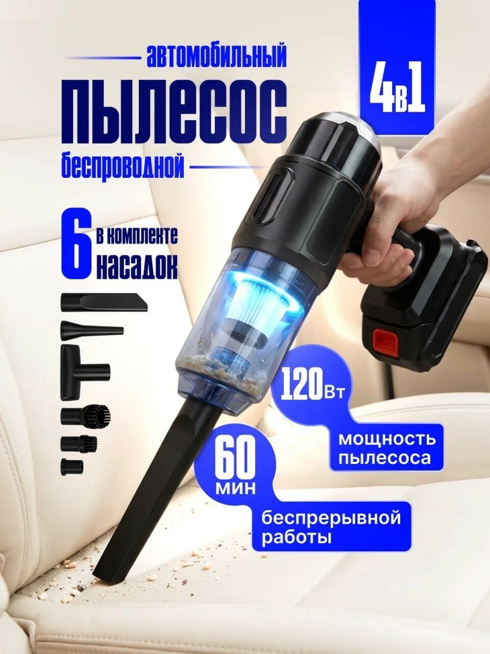 Пылесос автомобильный мощный аккумуляторный беспроводной 4 в 1