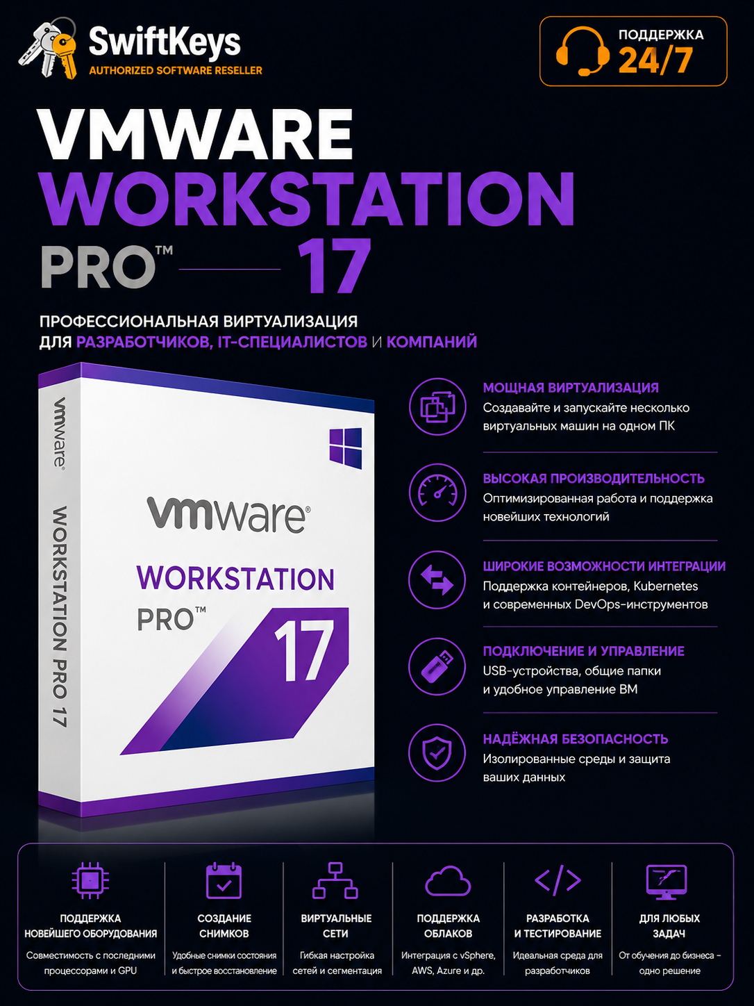 Программа VMware Workstation 17 Pro, Бессрочная лицензия, Ключ активации