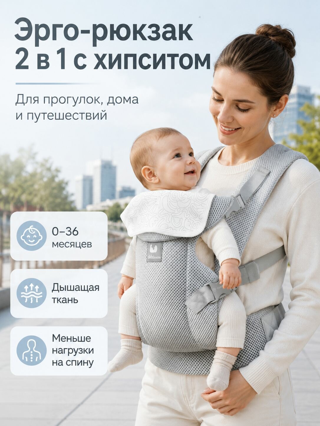 Рюкзак-кенгуру "ErgoM", поясничная поддержка, анатомическая М-позиция, для детей до 3 лет
