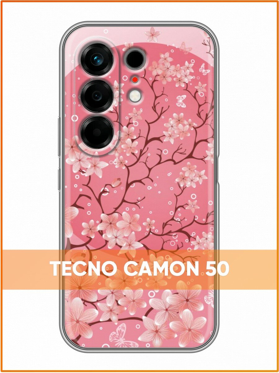 Чехол для Tecno Camon 50 с принтом Цветение сакуры на розовом фоне (Техно Камон 50)
