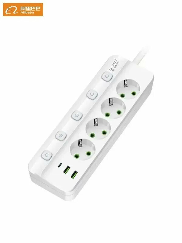 Удлинитель Сетевой,4 Розетки, Сетевой Фильтр С 2 Usb И 1 Type-C, Кабель 2 Метров