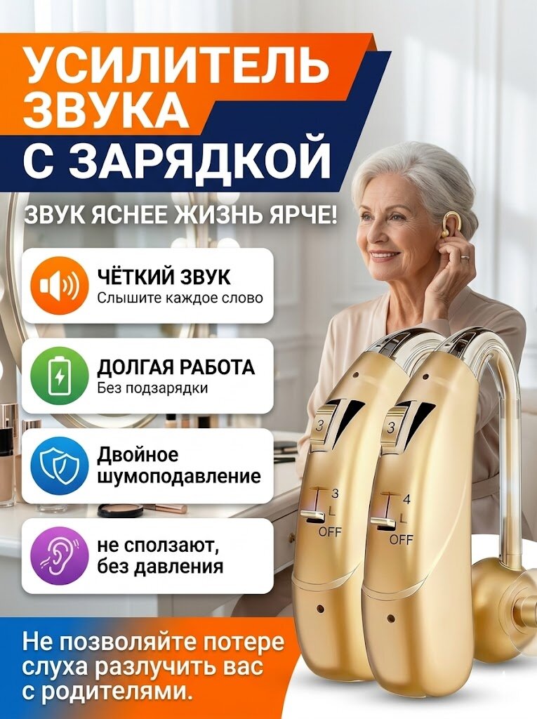 Накладной слуховой прибор с зарядным устройством для пожилых и взрослых