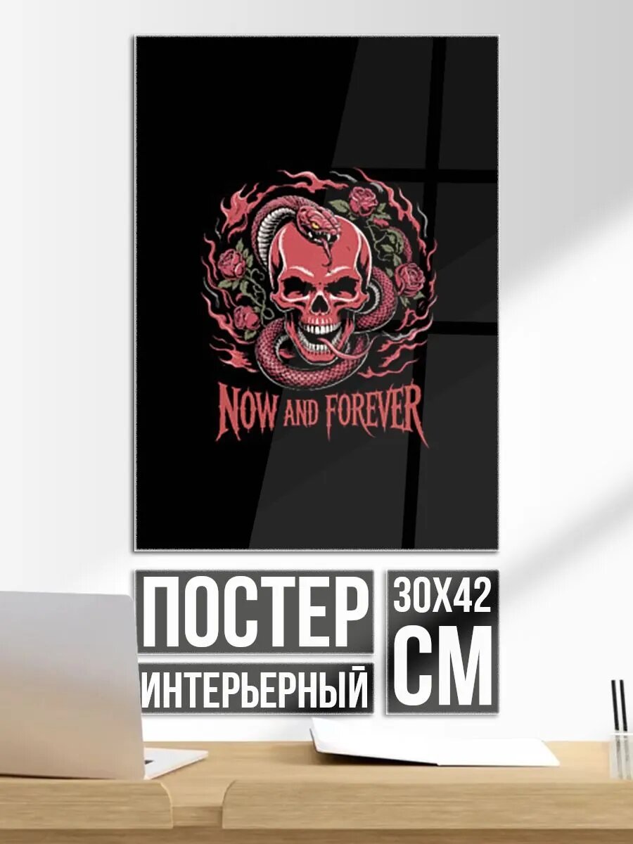 Постер на стену Череп со змеей и розами тату