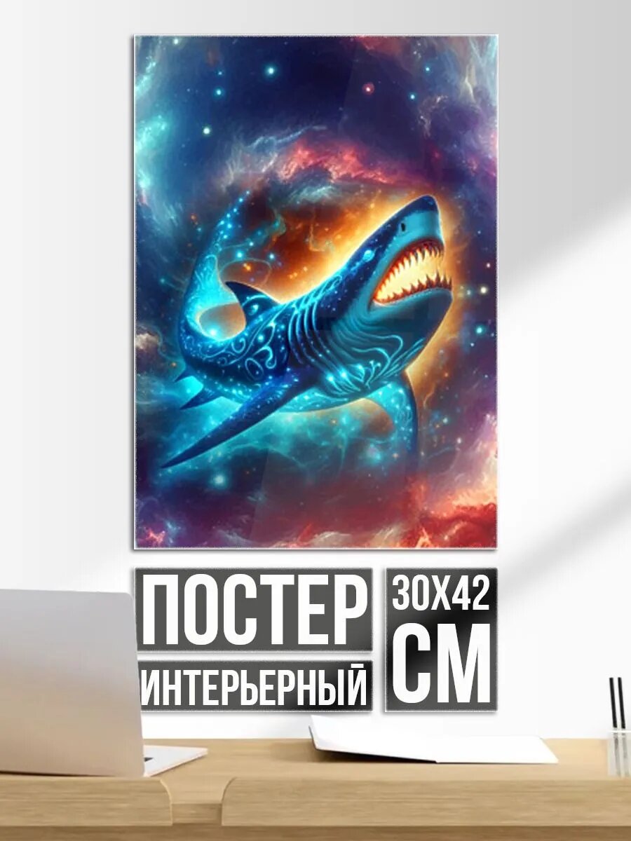 Постер на стену Космическая неоновая акула - нейросеть