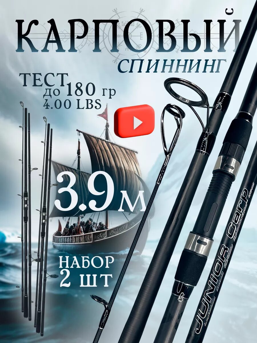 Спиннинг карповый 3.9 м CARP Junior, тест до 180 гр, для фидерной и донной оснастки, набор 2 шт