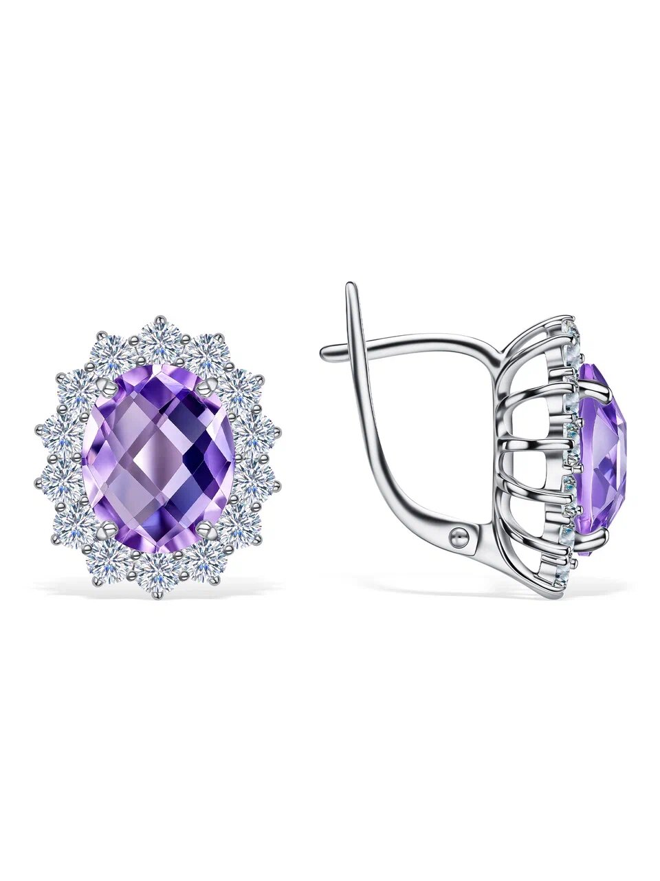 Серьги, серебро, 925 проба, родирование, фианит, аметист