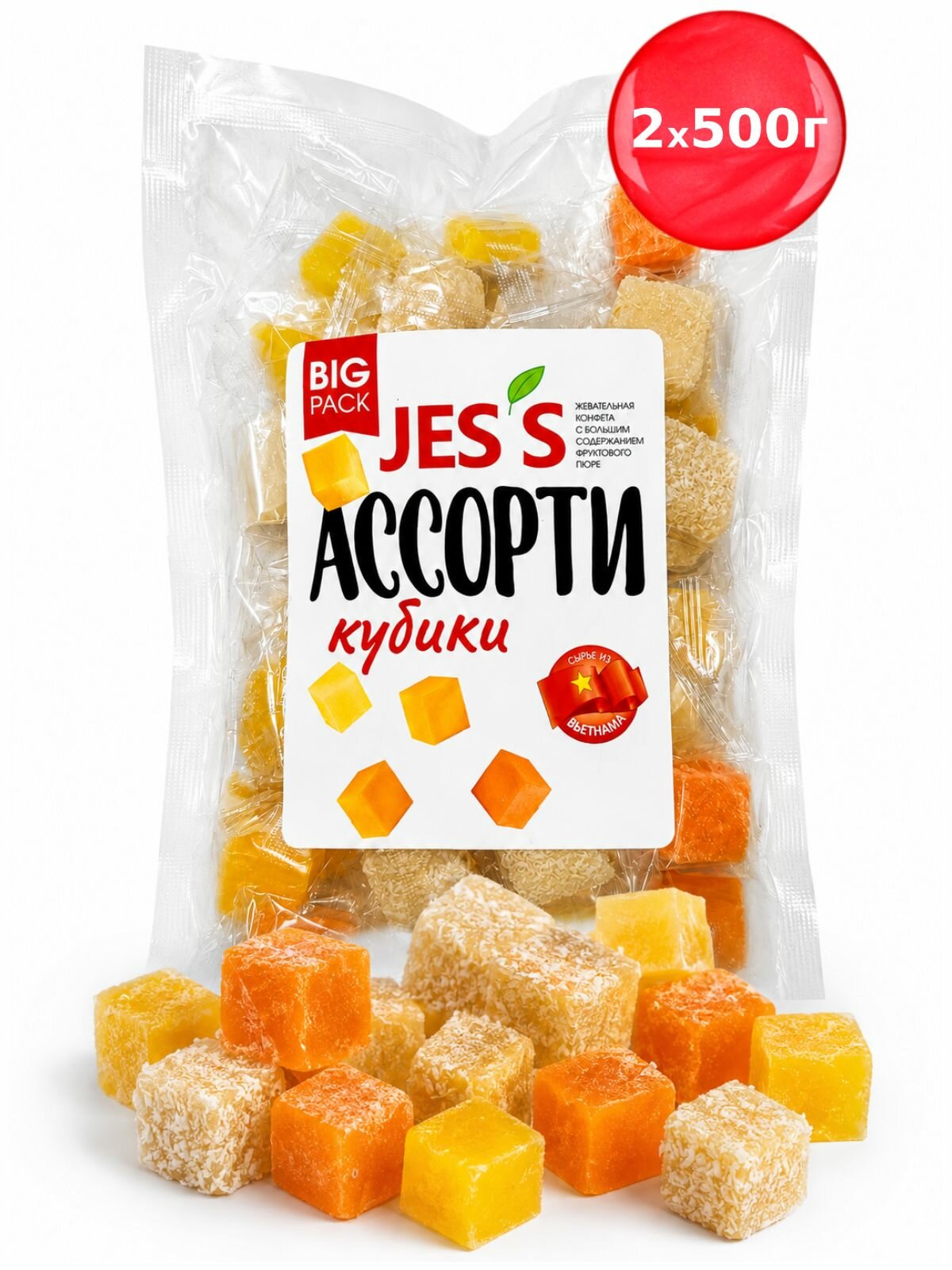 Жевательная конфета Jess Ассорти (кубики), (манго, кокос, ананас, папайя), 500 г х 2 шт