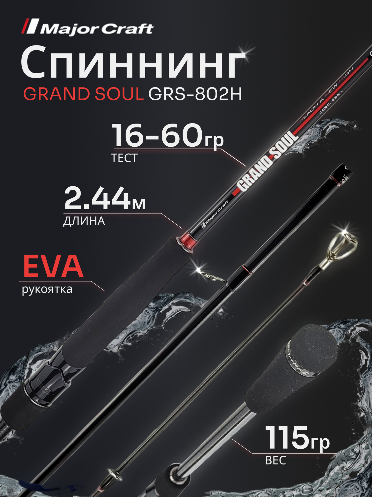 Спиннинг для рыбалки Major Craft GRAND SOUL GRS-802H 16-60гр