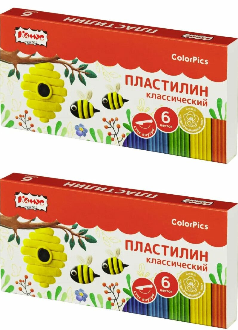 Комус Класс Пластилин классический со стеком ColorPics, 6 цветов, 120 г, 2 уп