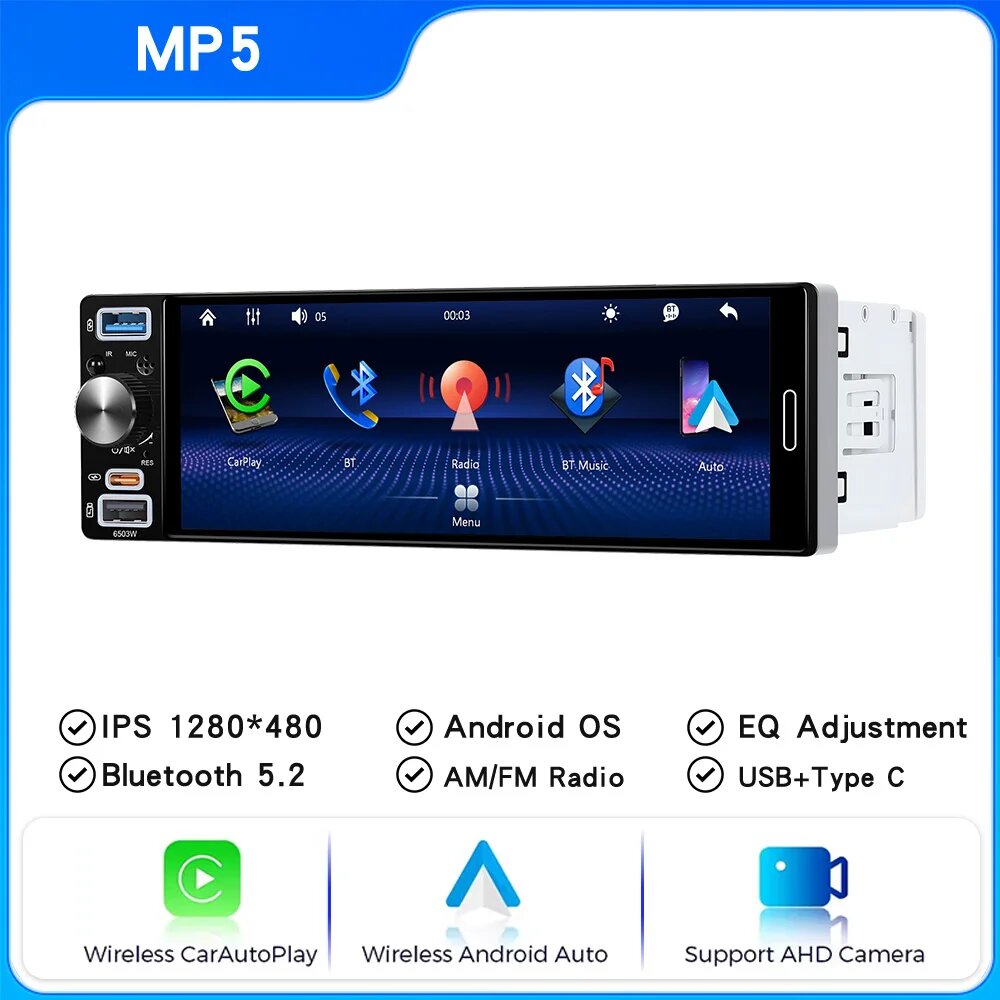 6,5-дюймовая 1DIN автомагнитола с CarPlay, Android Auto, Mirrorlink, Bluetooth, FM/AM, эквалайзером, AUX, сенсорным экраном, универсальная, MP5