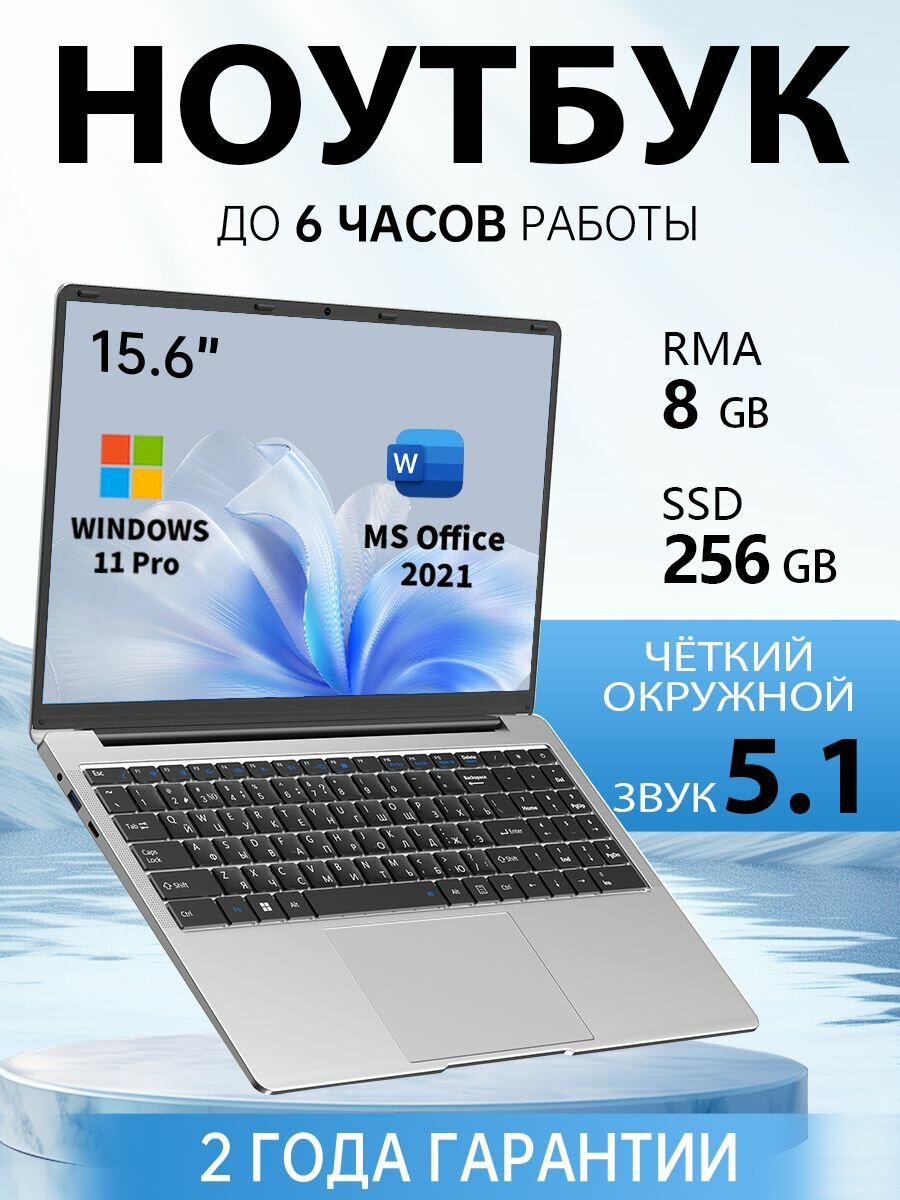 Ноутбук 15.6", Intel Pentium N3710, RAM 8 ГБ, SSD 256 ГБ, Intel HD Graphics, Windows Pro, серебристый, Русская раскладка
