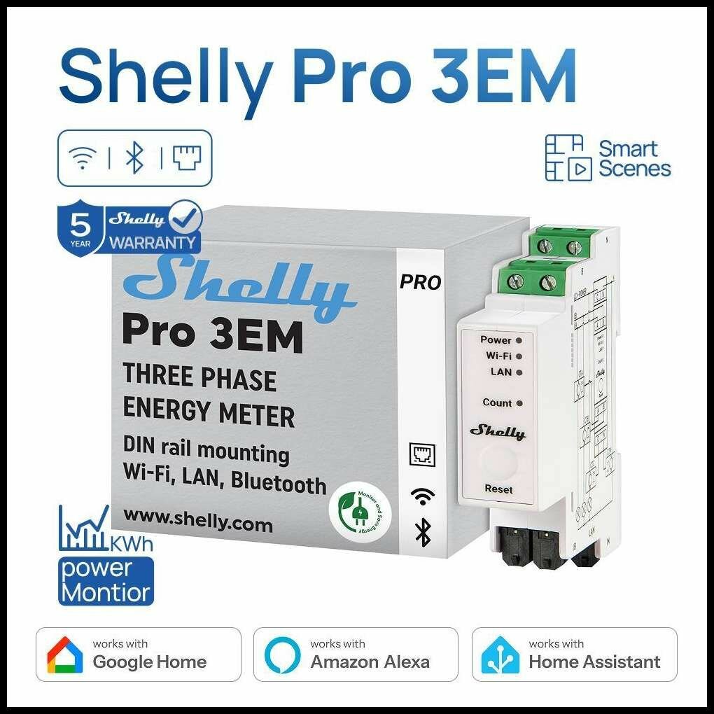 Shelly Pro 3EM 120A Lan Din Rail Монтажный трехфазный измеритель энергии WiFi с входящим выходящим WebSocket для мониторинга мощности MQTT