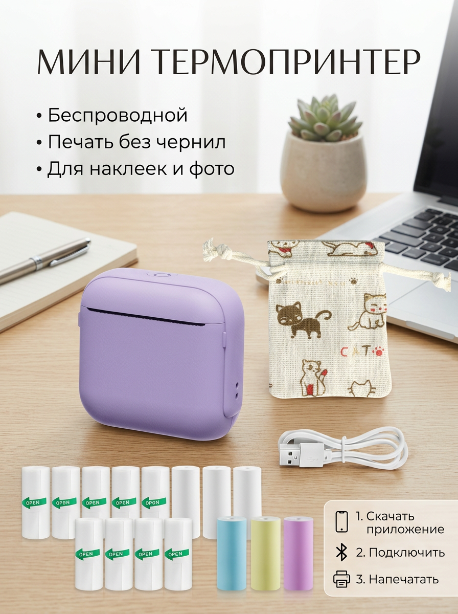 Термопринтер для этикеток, мини принтер портативный，фиолетовый