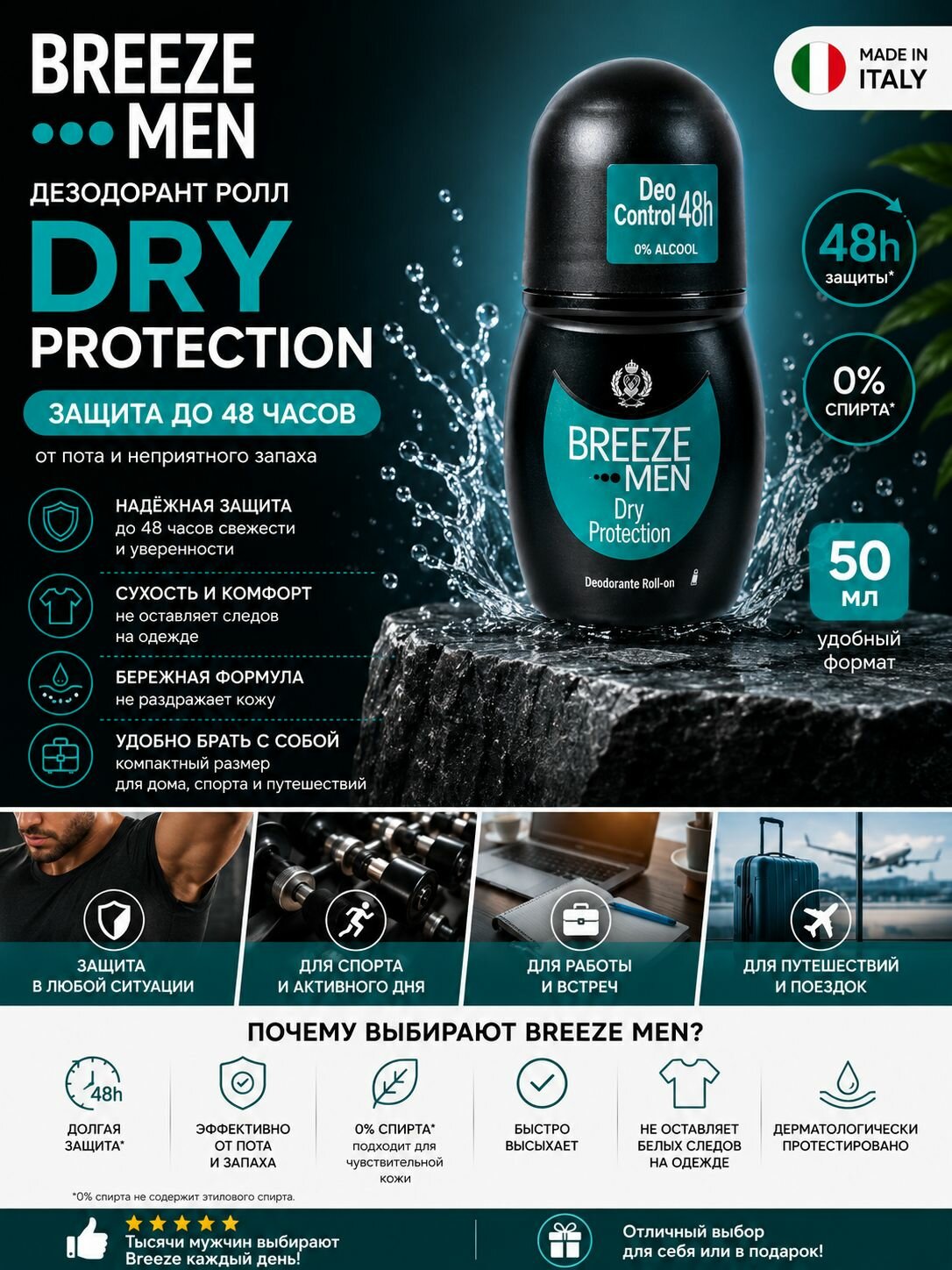 Антиперспирант Breeze Men Dry Protection роликовый, 50мл Италия