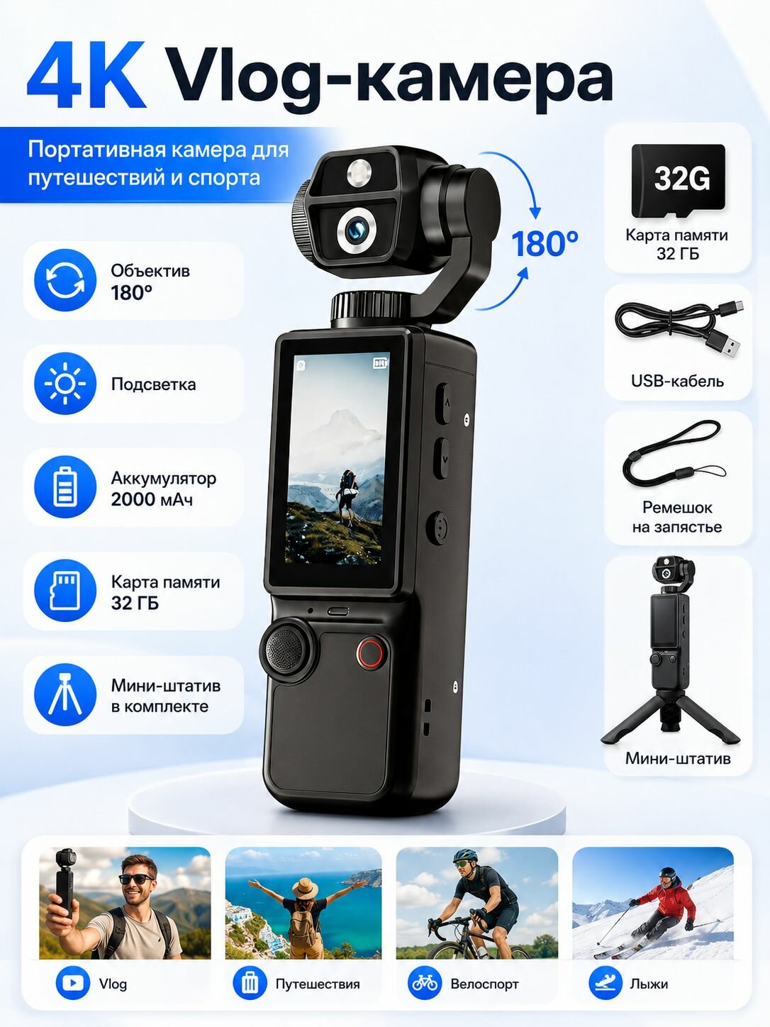 4K ультра HD экшн-камера для Vlog с 180 поворотным объективом, 5MP камера с подсветкой, аккумулятор 2000mAh, 32GB карта памяти, штатив, для путешествий, велоспорта, лыж