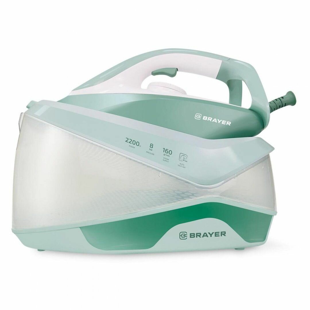 Парогенератор для глажки BRAYER BR4154, зеленый, 2200 Вт, давление 8 Бар, паровой удар 480 г/мин, резервуар для воды 1200 мл
