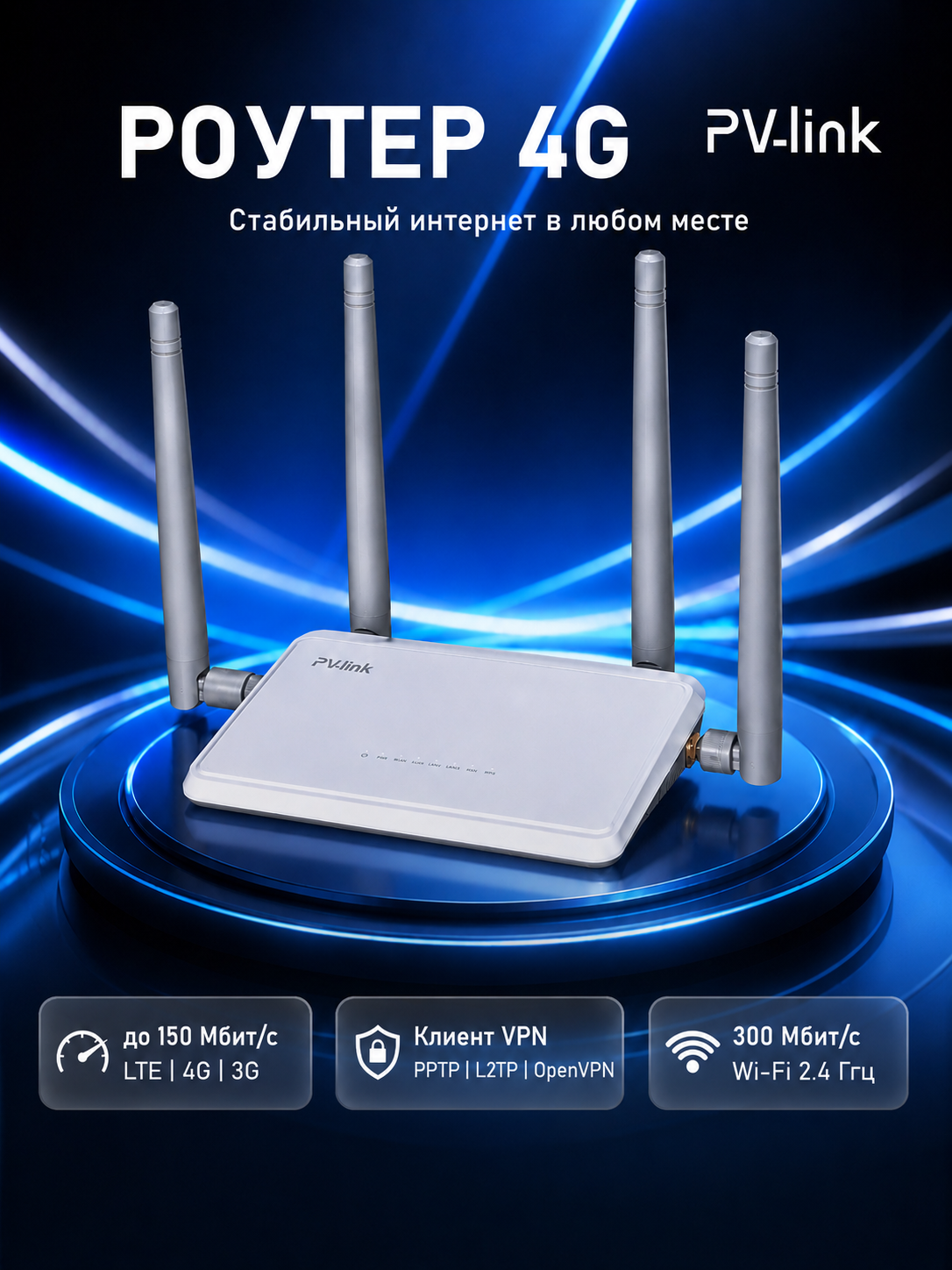 Роутер Novihome PV-WF2RT4GD, Wi-Fi, 2.4GHz, съемные антенны, белый