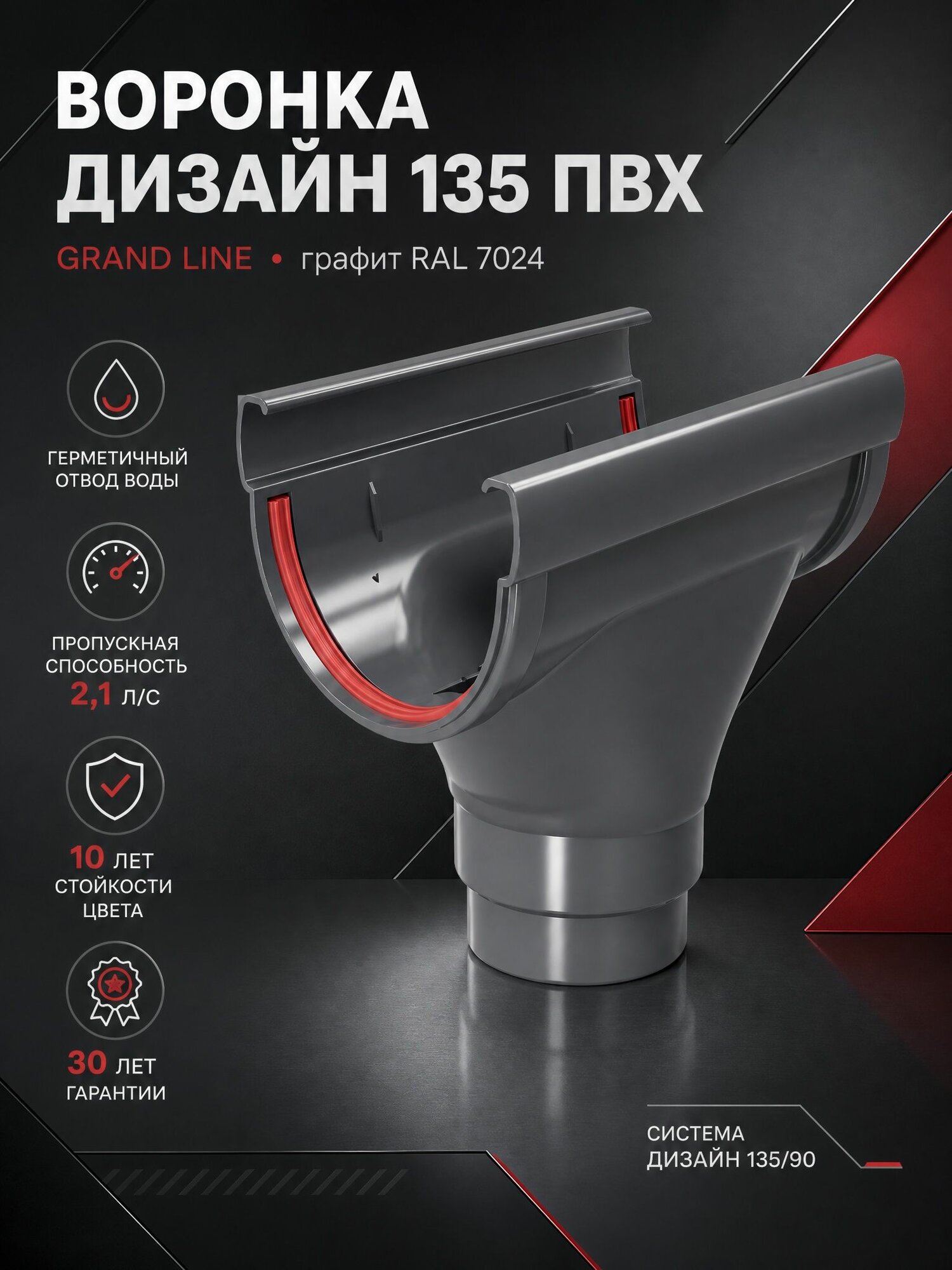 Воронка Дизайн 135 ПВХ Grand Line графит (RAL 7024) элемент водоотвода