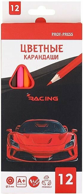 Цветные карандаши "Красное авто" пластиковые шестигранные, набор из 12 цветов, мягкость 2М, диаметр грифеля 3 мм, канцелярия для школы, для детского творчества и рисования, в коробке