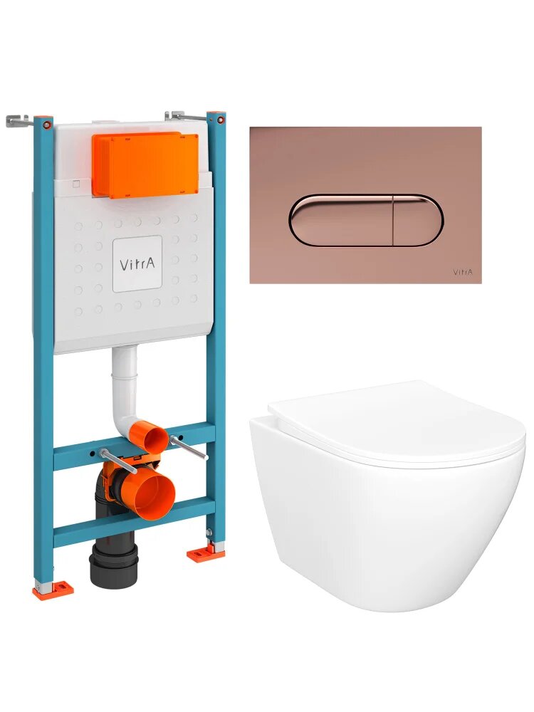 Комплект 4 в 1: Инсталляция VitrA Ви-Фикс Кор (V-Fix Core) 732-5800-01 / Унитаз подвесной STWORKI Кронборг S28401WH безободковый, с микролифтом / Кнопка Рут Раунд (Root Round) 740-2240, глянцевая медь, Комплект креплений