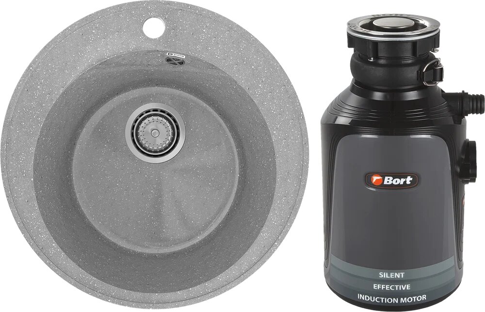 Комплект Мойка Practik PR-M 475-003 47x47, светло-серая, искусственный мрамор / Измельчитель Bort Alligator Plus электрический, нержавеющая сталь