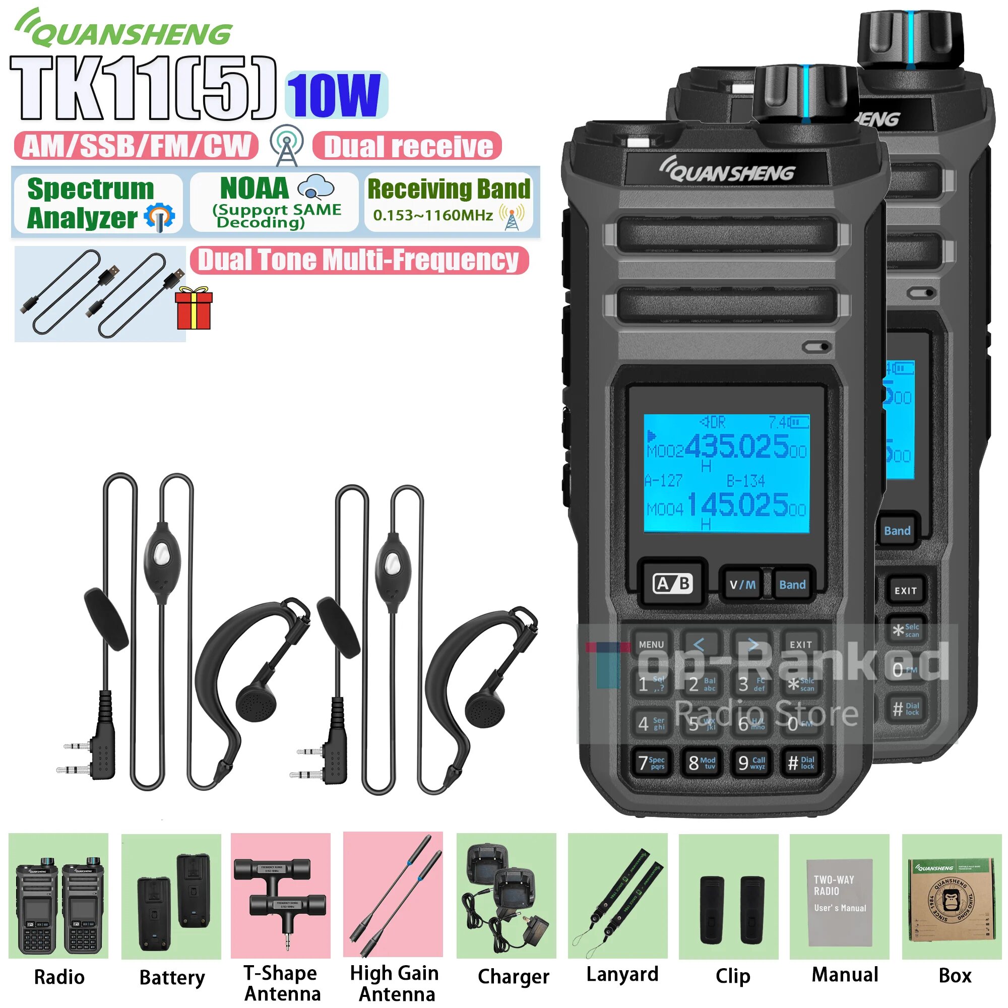 2 штуки рации Quansheng TK11(5) дальнего действия 10Вт с двойным приёмом AM FM CW SSB, анализатор спектра NOAA TK115 для любителей радиосигналов для кемпинга