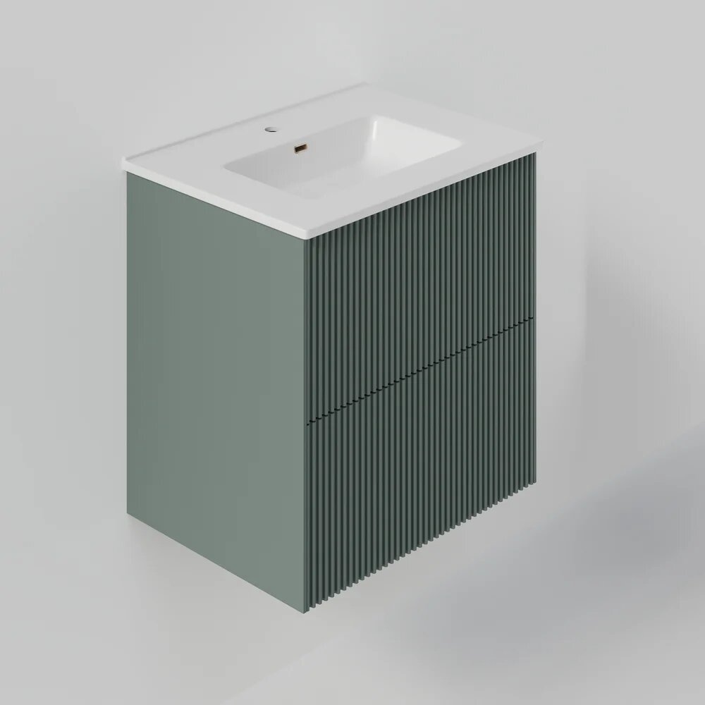 Тумба с раковиной La Fenice Terra Twin 60 подвесная, 61 см, зеленая, матовая, из МДФ, с ящиками, раковина для ванной, фарфоровая, прямоугольная, встроенный слив-перелив