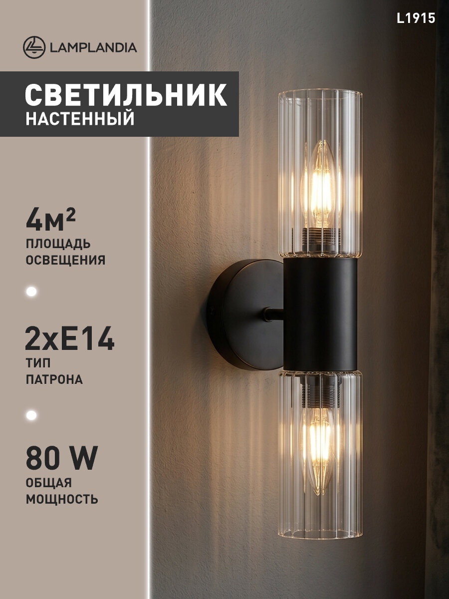 Светильник настенный Lamplandia L1915 VIITNA BLACK, E14*2 макс 40Вт