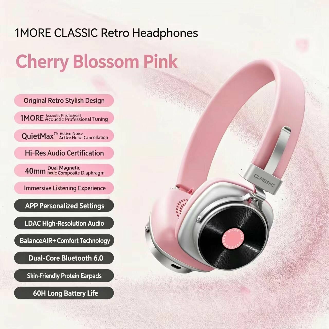 1MORE HQ36 Ретро-гарнитура Bluetooth беспроводная виниловая модель с шумоподавлением, PINK