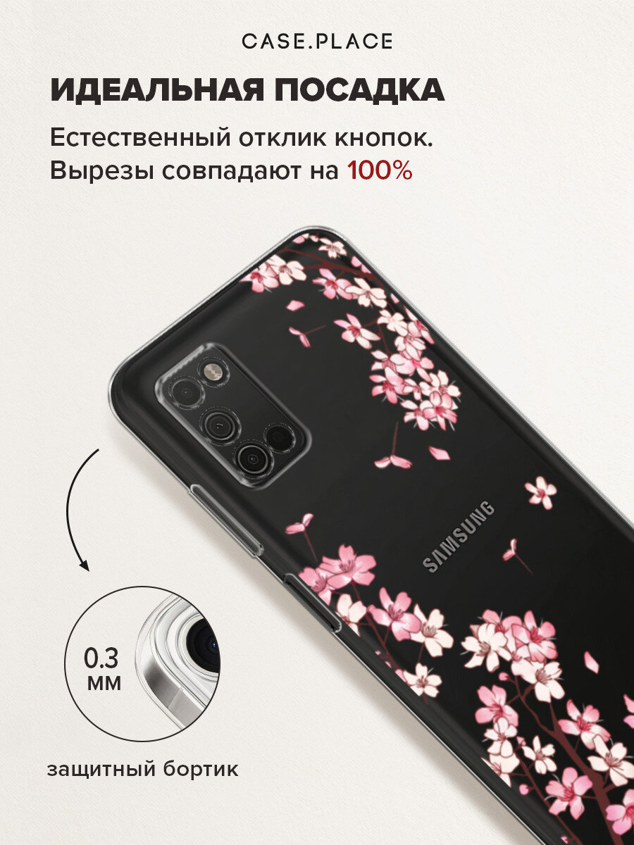 Чехол на Samsung Galaxy A03S / Самсунг Галакси A03S с принтом "Ветви сакуры 1", прозрачный — фото 1