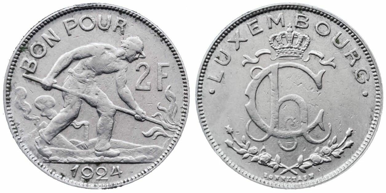 Люксембург 2 франка, 1924 Сталивар XF