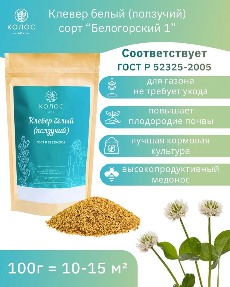 Семена клевера белого сорт "Белогорский 1" уп. 100 г. Газон, Сидерат, Медонос