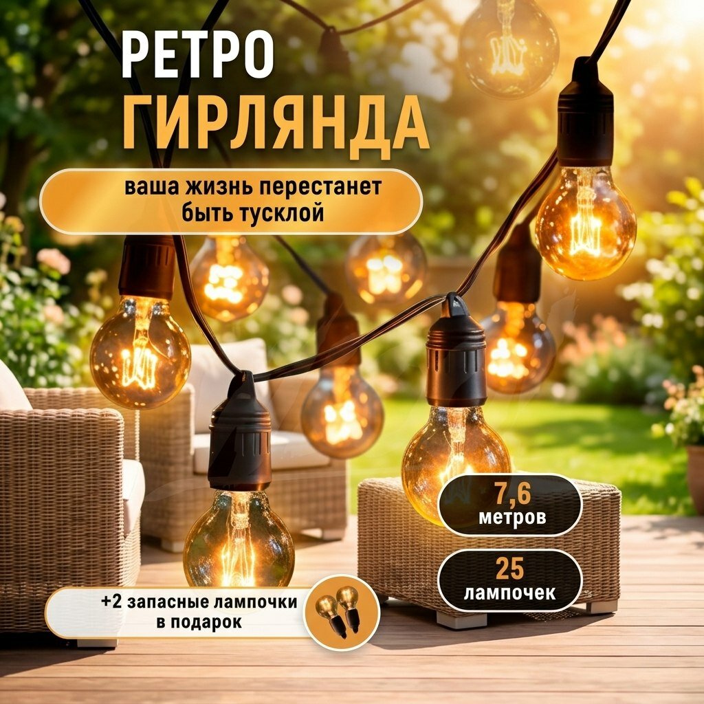 Ретро гирлянда уличная, гирлянда интерьерная, электрогирлянда лампочки 25 штук