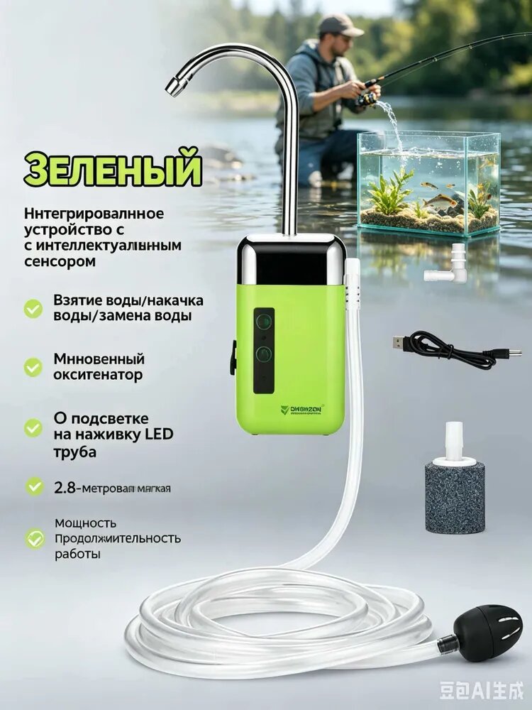 Портативный насос для рыбалки 3 в 1: подача воды, аэратор, подсветка, аккумуляторный, для рыбалки, кемпинга, дачи