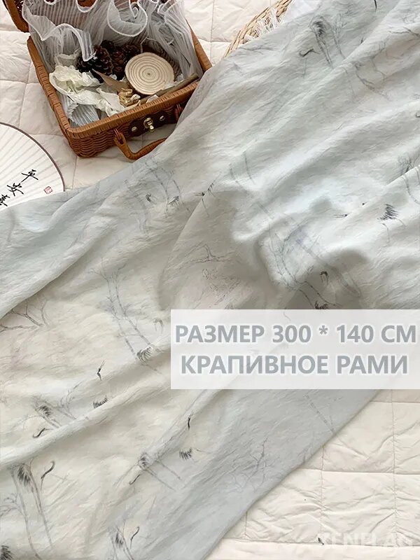 Ткань крапива рами для пошива одежды, платьев, рубашек и рукоделия, цветок на зеленом