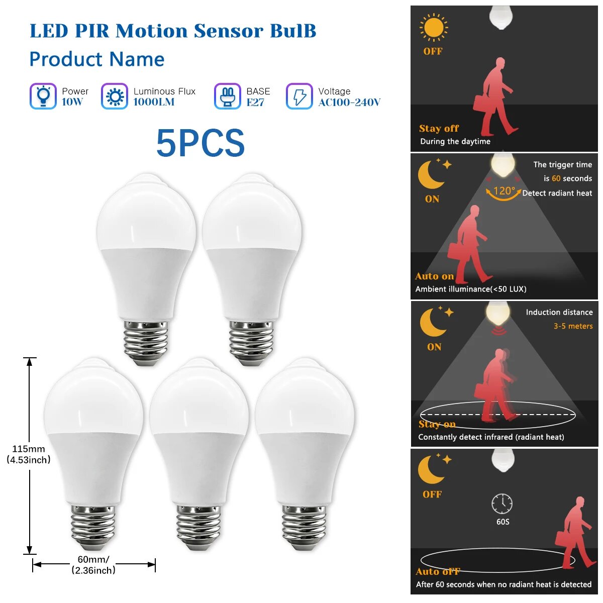 Набор из 5 светодиодных ламп Gatetop E27 с датчиком движения, белый PIR Sensor Bulb, Daylight 4000K